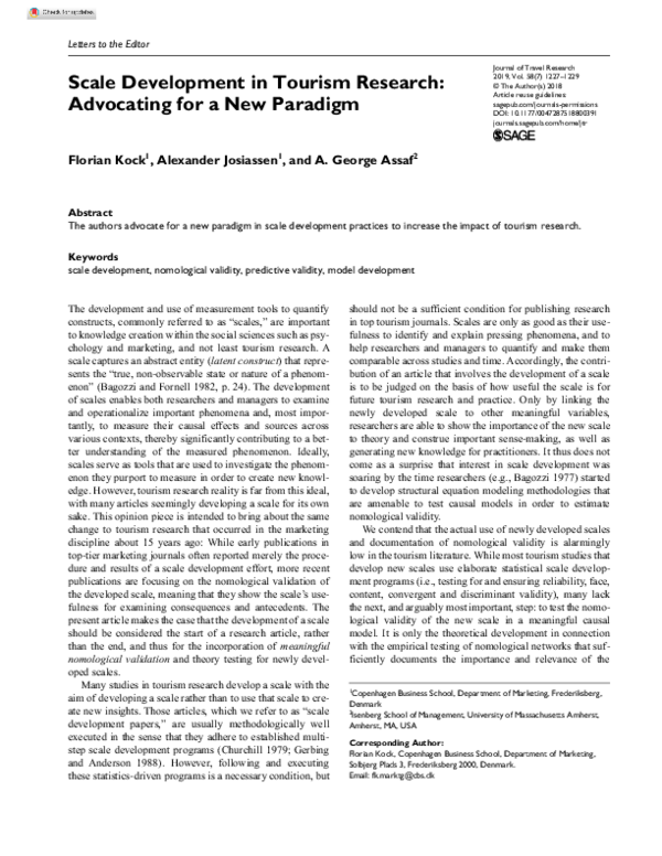 (PDF) Scale Development in Tourism Research: Advocating for a New Paradigm