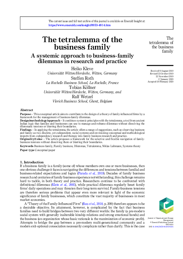 (PDF) The tetralemma of the business family A systemic approach to ...