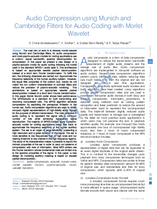 Pdf Audio Compression Using Munich And Cambridge Filters For Audio Coding With Morlet Wavelet