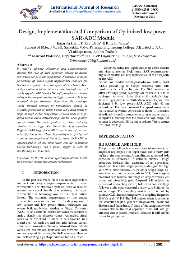 Pdf Design Implementation And Comparison Of Optimized Low Power Sar Adc Module