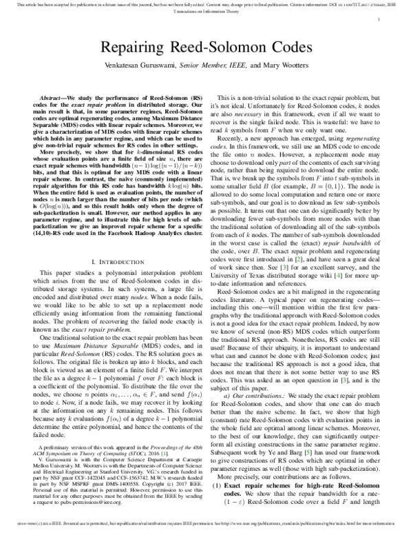 (PDF) Repairing Reed-Solomon Codes