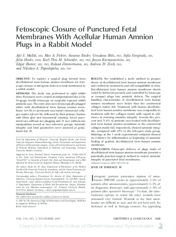 (PDF) Fetoscopic Closure of Punctured Fetal Membranes With Acellular ...