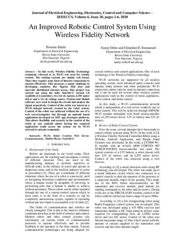 (PDF) An Improved Robotic Control System Using Wireless Fidelity Network