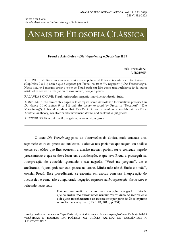 (PDF) Freud e Aristóteles Die Verneinung e De Anima III
