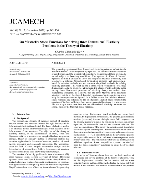 (PDF) On Maxwell's Stress Functions for Solving three Dimensional Elasticity Problems in the ...