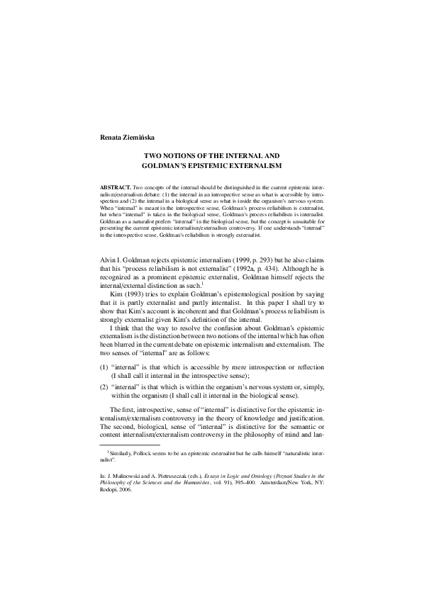 (PDF) TWO NOTIONS OF THE INTERNAL AND GOLDMAN'S EPISTEMIC EXTERNALISM