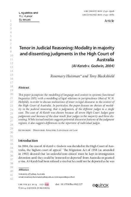(PDF) Tenor in Judicial Reasoning: Modality in majority and dissenting ...