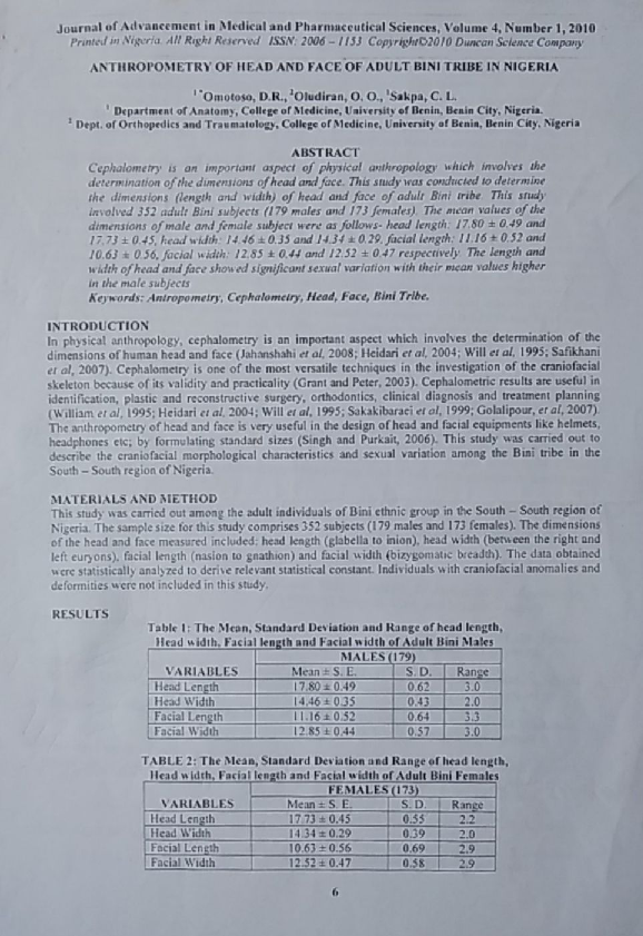 (PDF) Anthropometry of Head and Face of Adult Bini Tribe in Nigeria