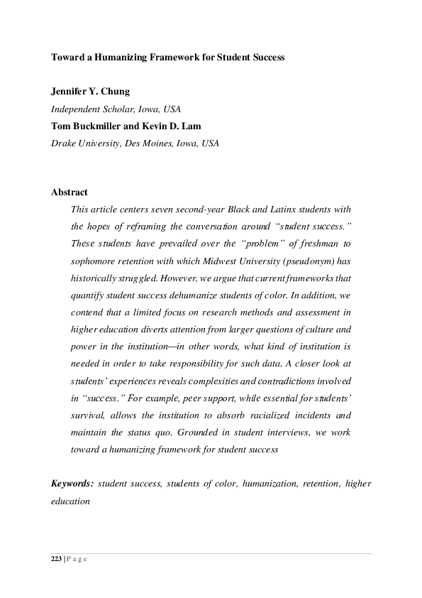 (PDF) Toward a Humanizing Framework for Student Success (w/J. Y. Chung ...