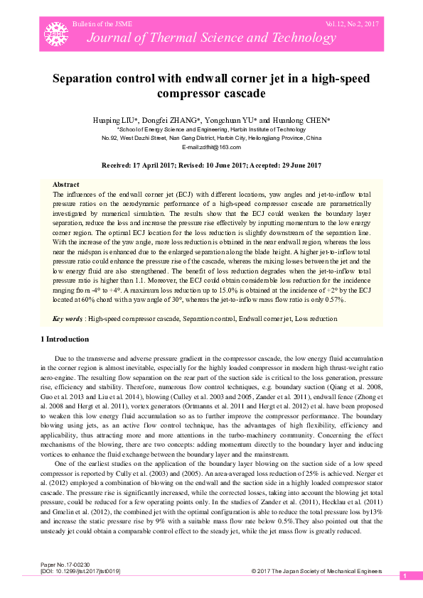 (PDF) “published” Separation control with endwall corner jet in a high ...
