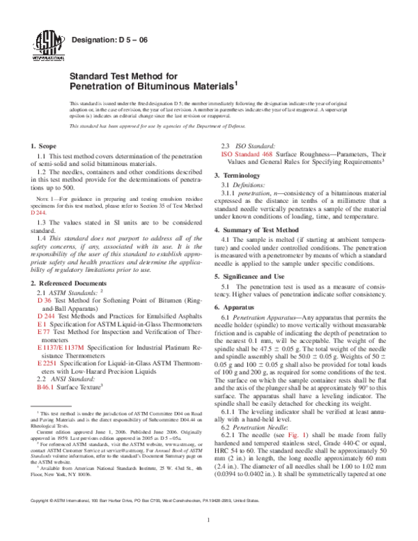 (PDF) Standard Test Method for Penetration of Bituminous Materials 1