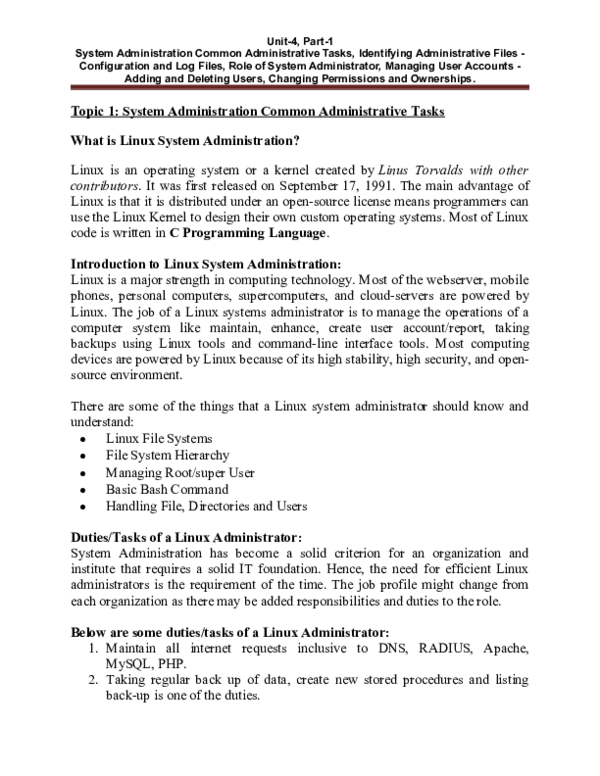 (DOC) Topic 1: System Administration Common Administrative Tasks