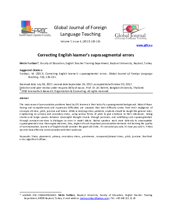 Pdf Correcting English Learner S Suprasegmental Errors