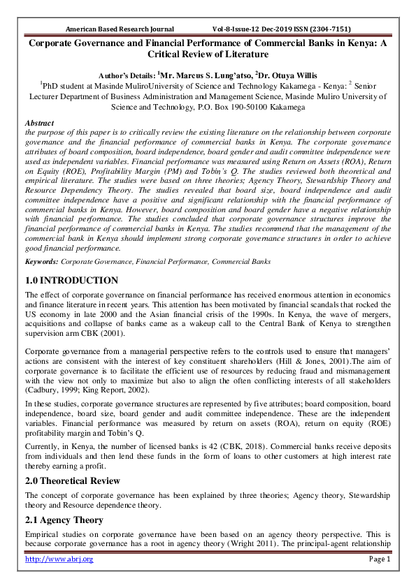 (PDF) Corporate Governance and Financial Performance of Commercial Banks in Kenya: A Critical ...