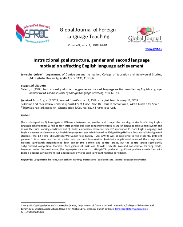 (PDF) A Instructional goal structure, gender and second language ...