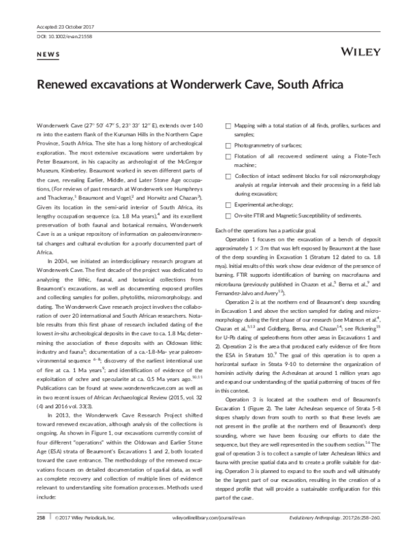 (PDF) Renewed excavations at Wonderwerk Cave, South Africa