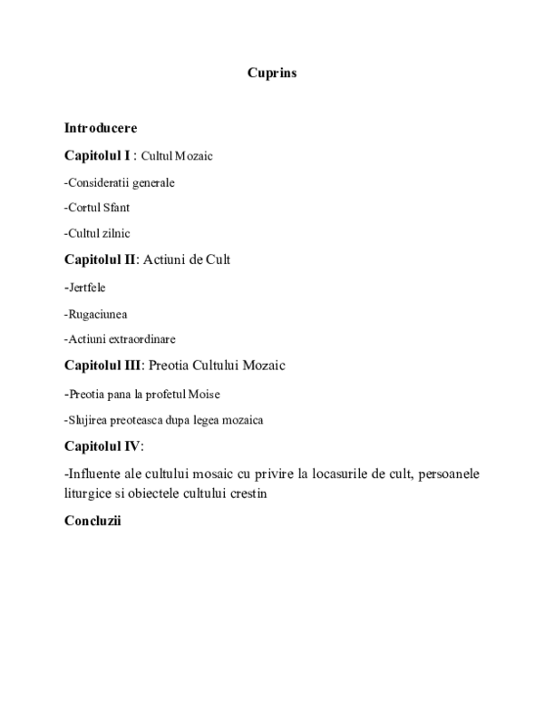 (DOC) Cuprins Introducere Capitolul I : Cultul Mozaic -Consideratii ...