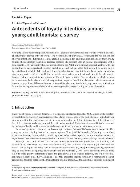 (PDF) Antecedents of loyalty intentions among young adult tourists: a ...