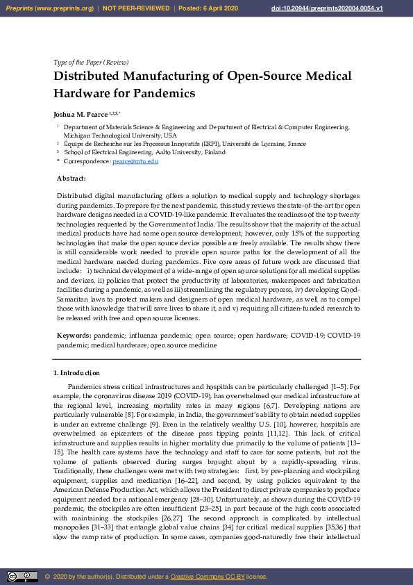 (PDF) Distributed Manufacturing of Open-Source Medical Hardware for ...