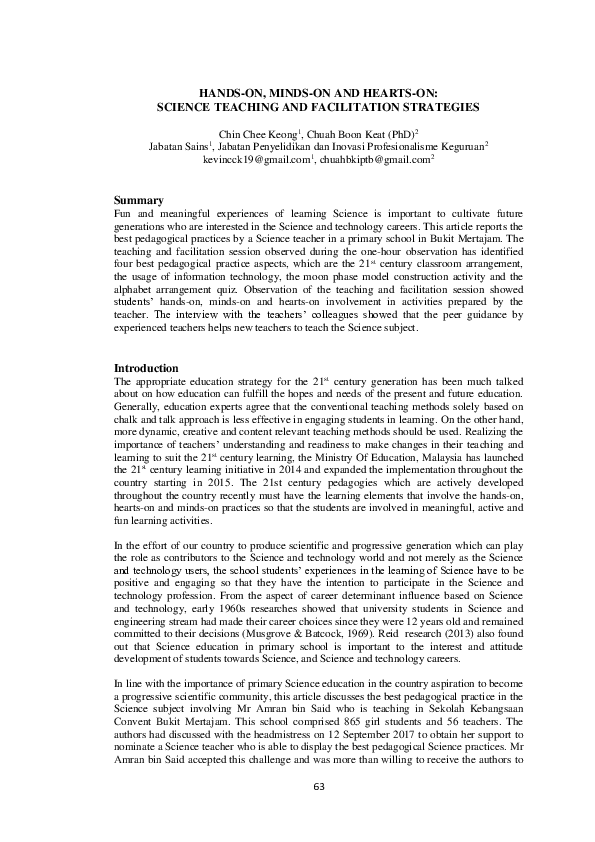 (PDF) HANDS-ON, MINDS-ON AND HEARTS-ON: SCIENCE TEACHING AND ...