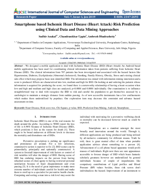 Pdf Smartphone Based Ischemic Heart Disease Heart Attack Risk Prediction Using Clinical Data 