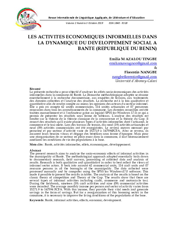 (PDF) LES ACTIVITES ECONOMIQUES INFORMELLES DANS LA DYNAMIQUE DU ...