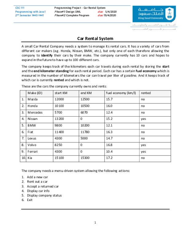 (PDF) Programming Project -Car Rental System