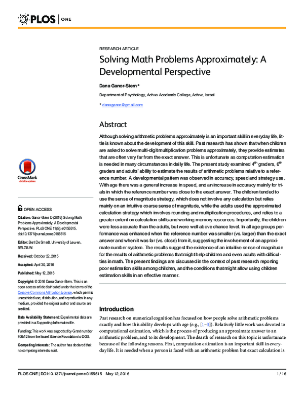 (PDF) Solving Math Problems Approximately: A Developmental Perspective