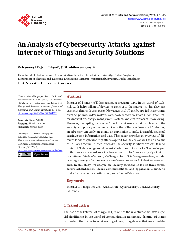 (PDF) An Analysis of Cybersecurity Attacks against Internet of Things ...