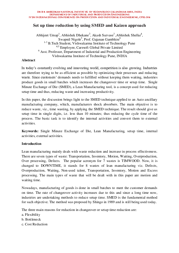 (PDF) Set up time reduction by using SMED and Kaizen approach