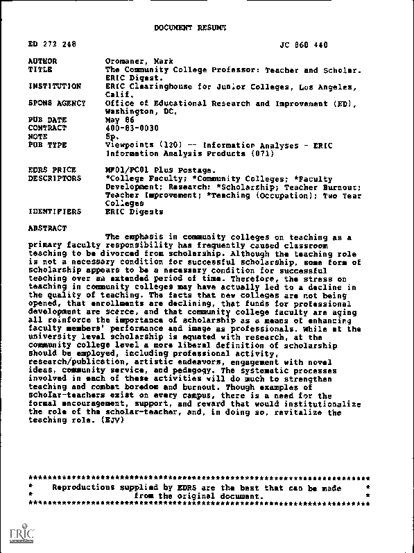 (PDF) The Community College Professor: Teacher and Scholar. ERIC Digest.