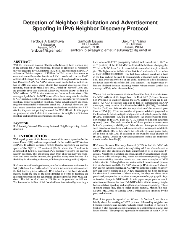 (PDF) Detection of Neighbor Solicitation and Advertisement Spoofing in IPv6 Neighbor Discovery ...