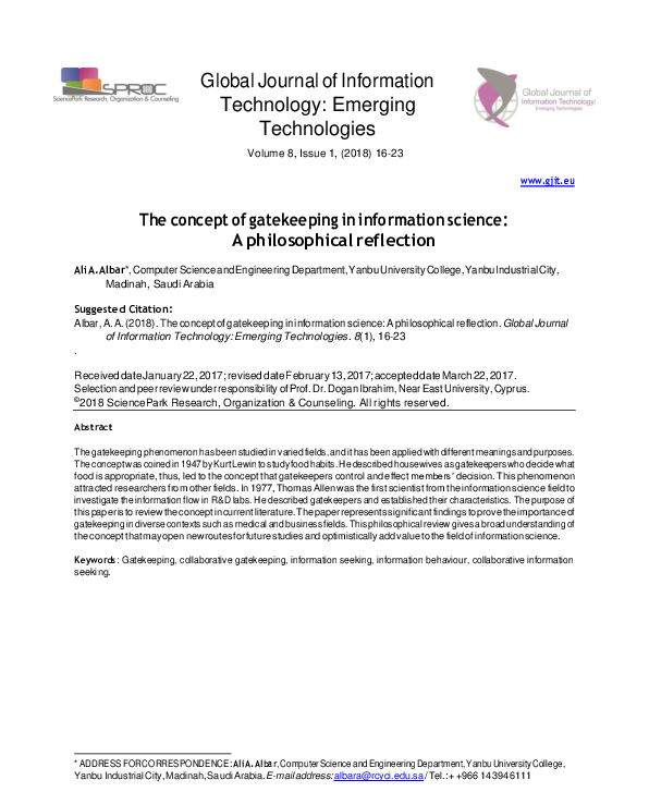 (PDF) The concept of gatekeeping in information science: A ...