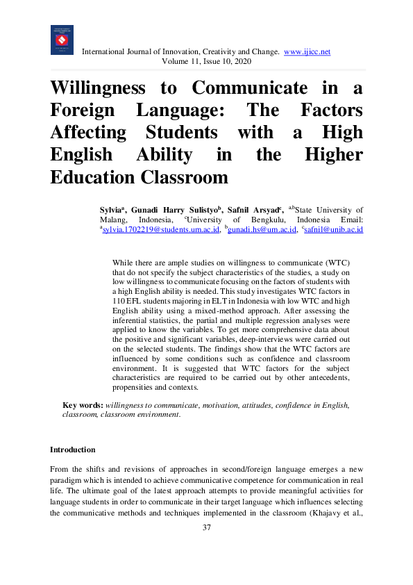 (PDF) Willingness to Communicate in a Foreign Language: The Factors Affecting Students with a ...