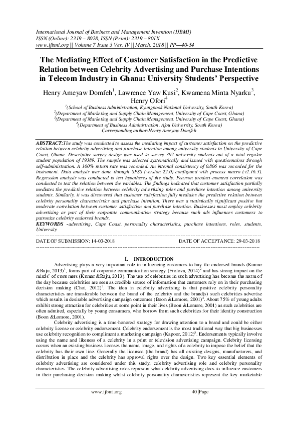 Pdf The Mediating Effect Of Customer Satisfaction In The Predictive Relation Between Celebrity