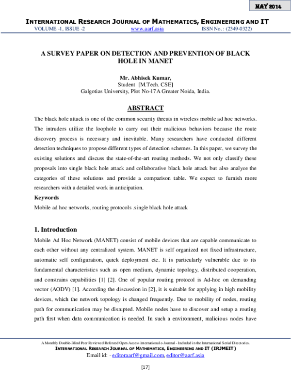 Pdf A Survey Paper On Detection And Prevention Of Black Hole In Manet