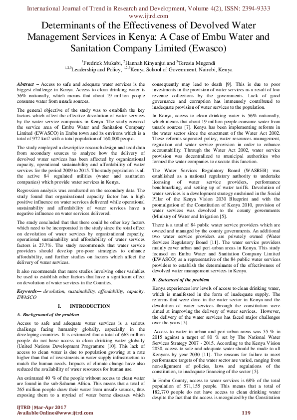 (PDF) Determinants of the Effectiveness of Devolved Water Management Services in Kenya: A Case ...