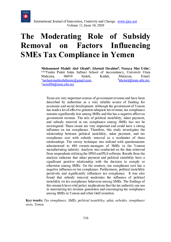 (PDF) The Moderating Role of Subsidy Removal on Factors Influencing SMEs Tax Compliance in Yemen