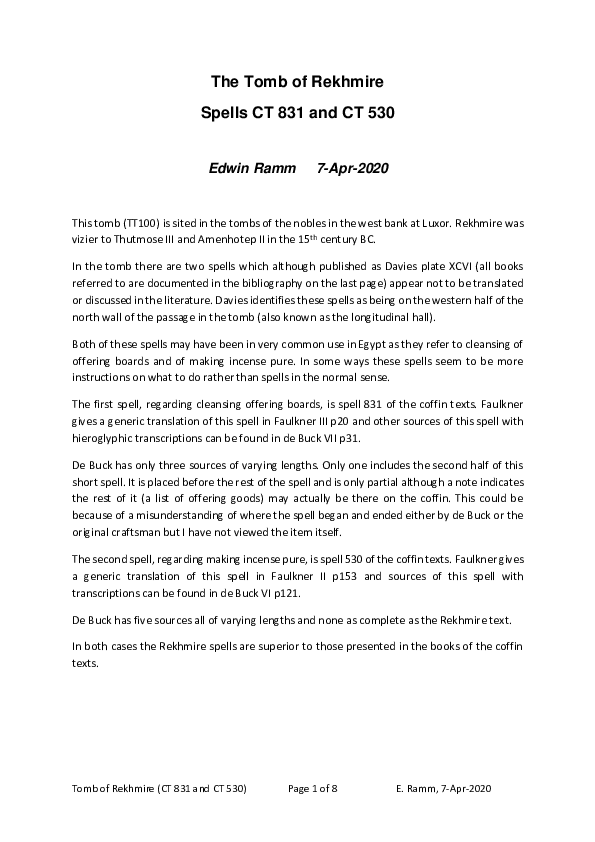 (PDF) The Tomb of Rekhmire Spells CT 831 and CT 530