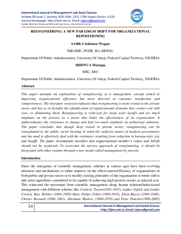 (PDF) REENGINEERING: A NEW PARADIGM SHIFT FOR ORGANIZATIONAL REPOSITIONING