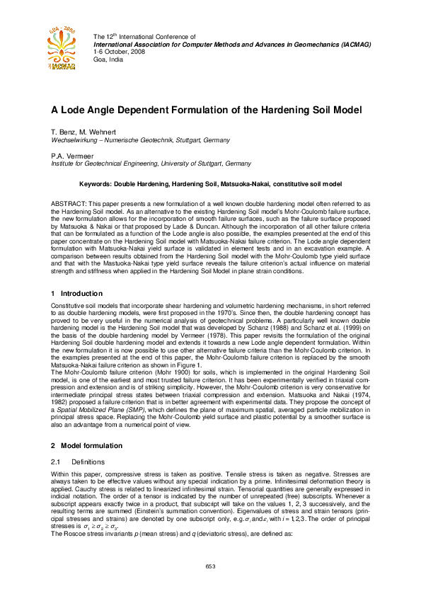 (PDF) A Lode Angle Dependent Formulation of the Hardening Soil Model