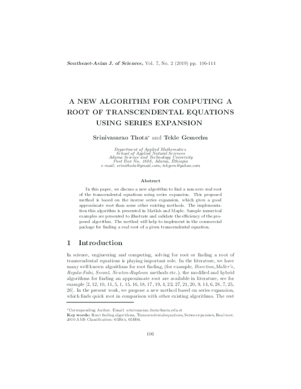 Pdf A New Algorithm For Computing A Root Of Transcendental Equations Using Series Expansion