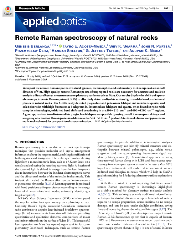 (PDF) Remote Raman spectroscopy of natural rocks