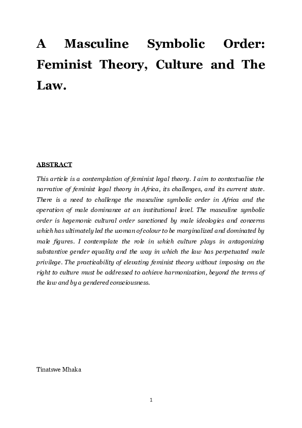 (DOC) A Masculine Symbolic Order: Feminist Theory, Culture and The Law