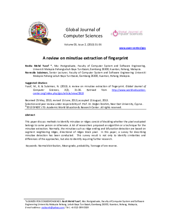 Pdf A Review On Minutiae Extraction Of Fingerprint Global Journal