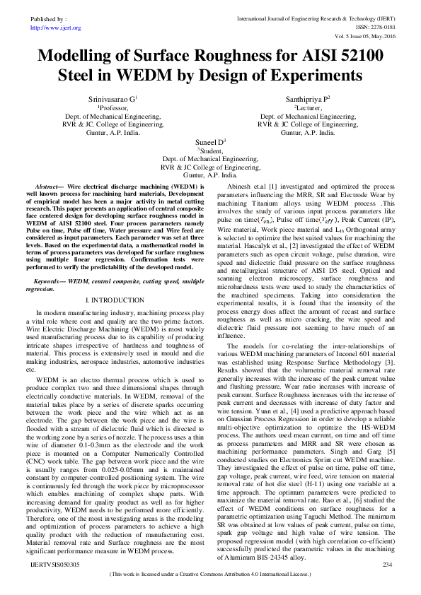 (PDF) IJERT-Modelling of Surface Roughness for AISI 52100 Steel in WEDM by Design of Experiments