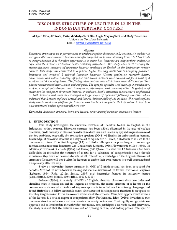 (PDF) DISCOURSE STRUCTURE OF LECTURE IN L2 IN THE INDONESIAN TERTIARY CONTEXT