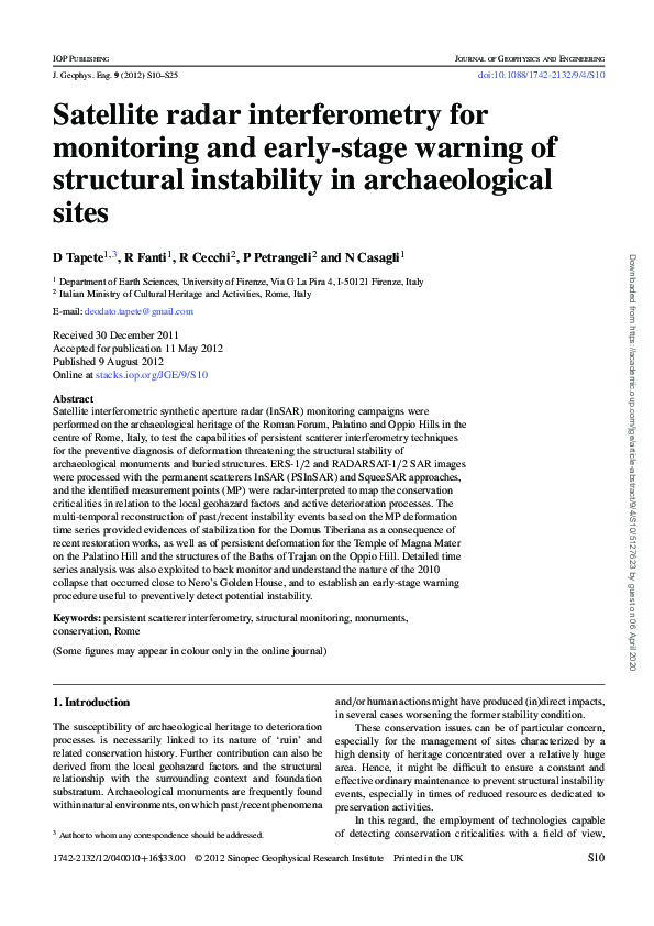 Pdf Satellite Radar Interferometry For Monitoring And Early Stage Warning Of Structural