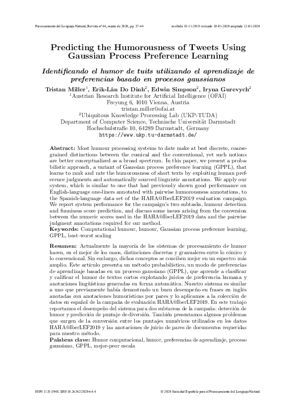 (PDF) Predicting the humorousness of tweets using Gaussian process preference learning