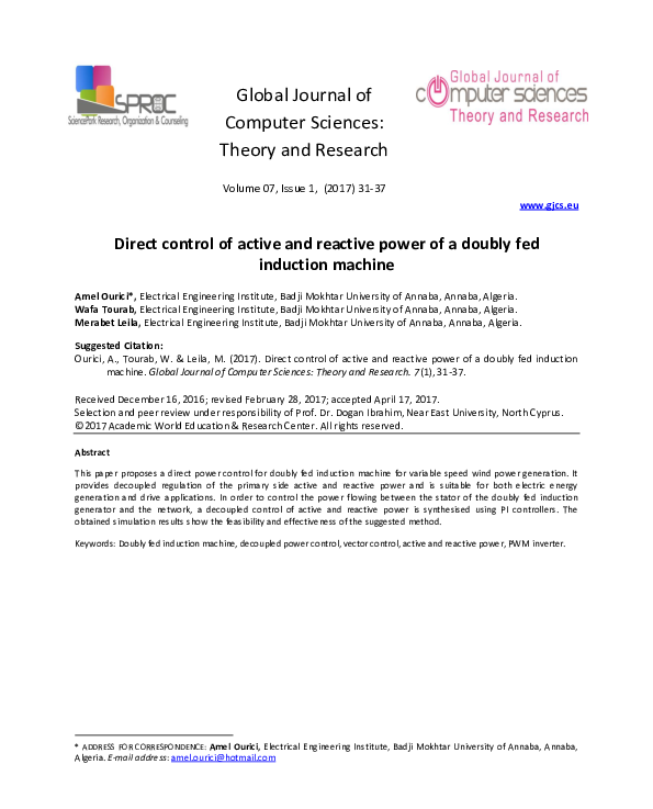 Pdf Direct Control Of Active And Reactive Power Of A Doubly Fed